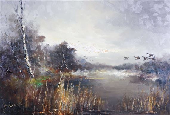 Jan Bévort | Opvliegende eenden boven ven | MutualArt