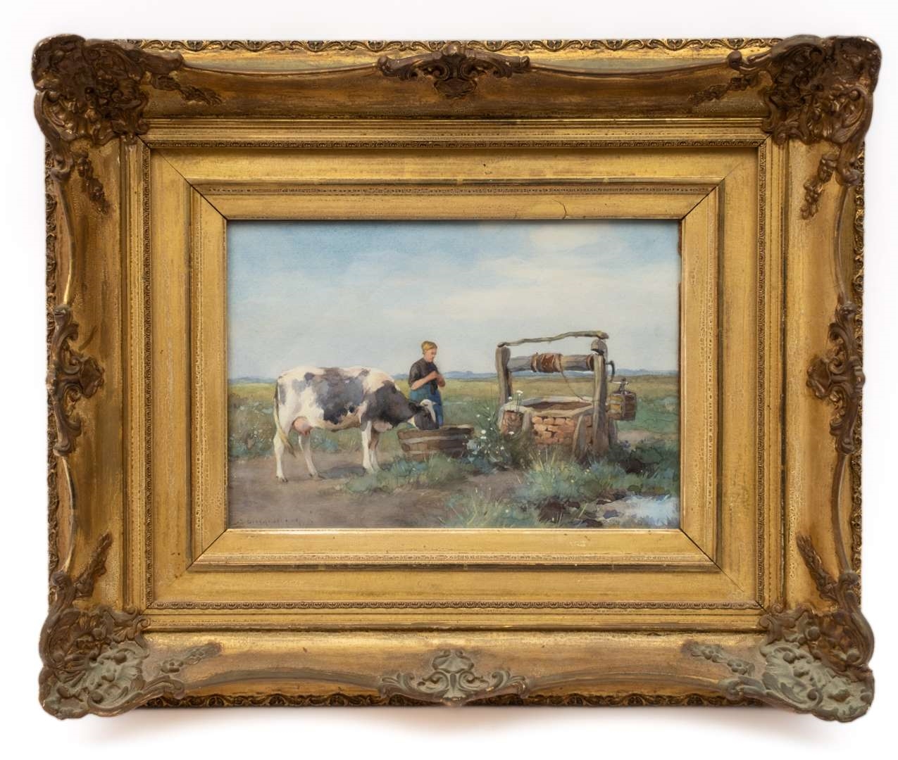 Adrianus Johannes Groenewegen | Boerin met drinkende koe naast een waterput | MutualArt