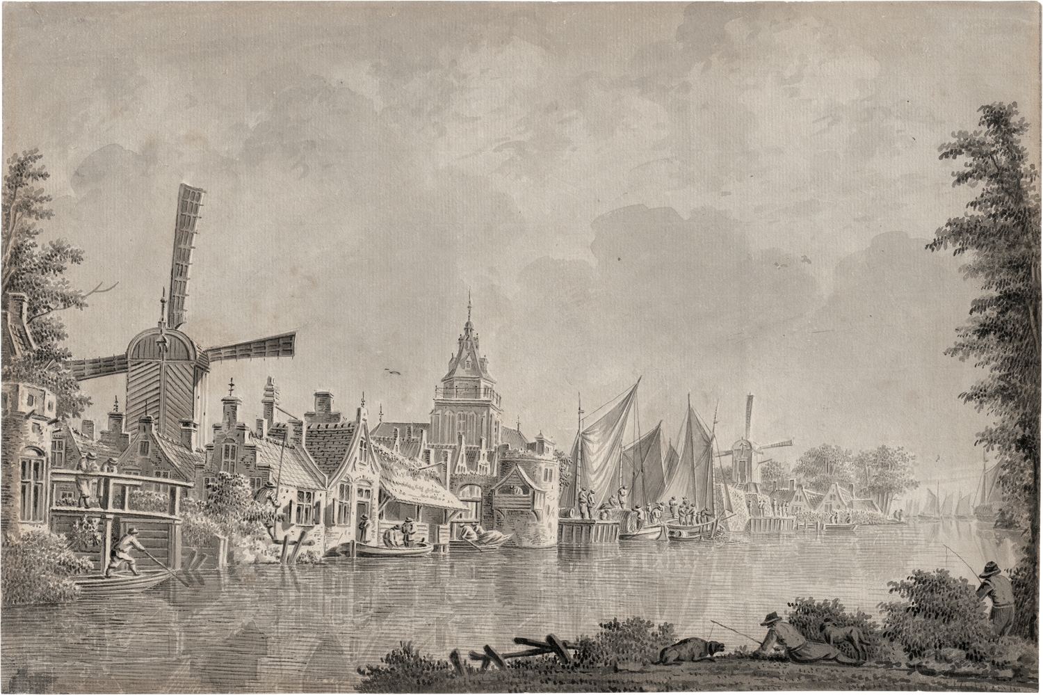 Dirk Verrijk | Gracht mit Windmühlen und Segelschiffen, am Ufer Angler ...