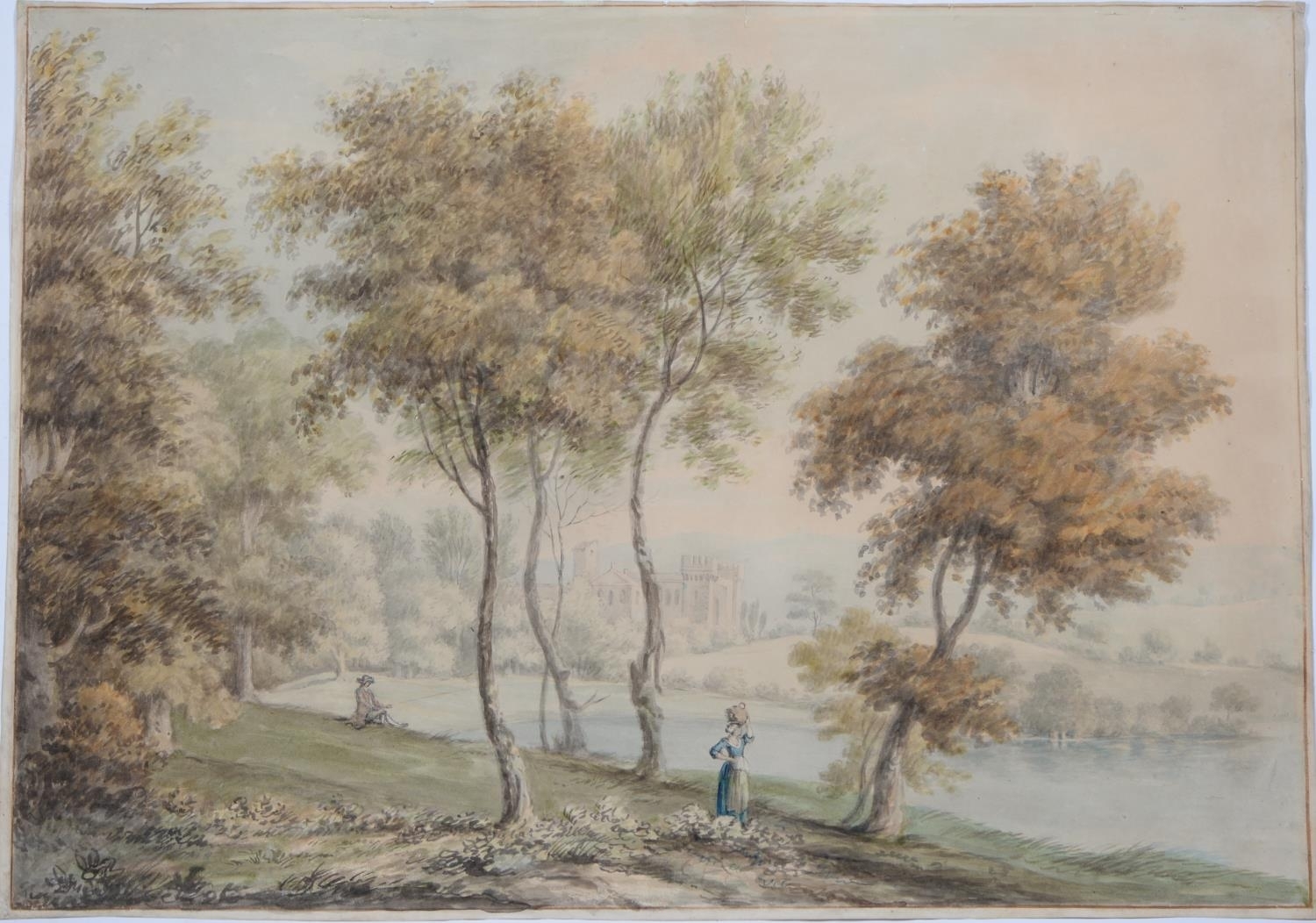 Paul Sandby | An Angler and Servant Girl by a Tree lined River through ...