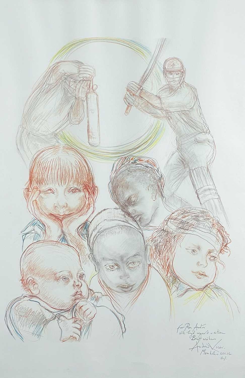 Andrew Vicari | Untitled, two cricketers and five children | MutualArt