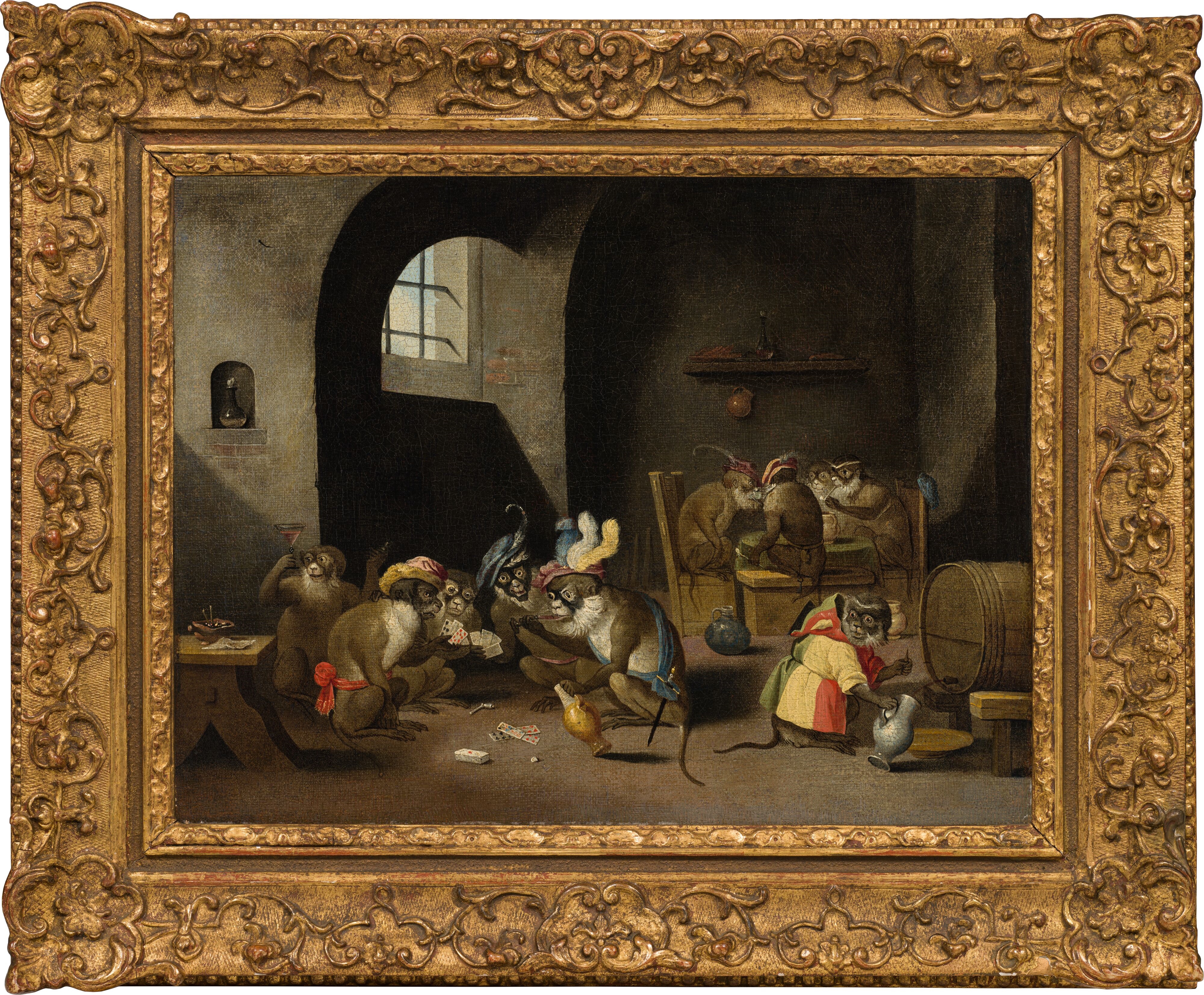 David Teniers the Younger | Monkeys playing cards and drinking | MutualArt