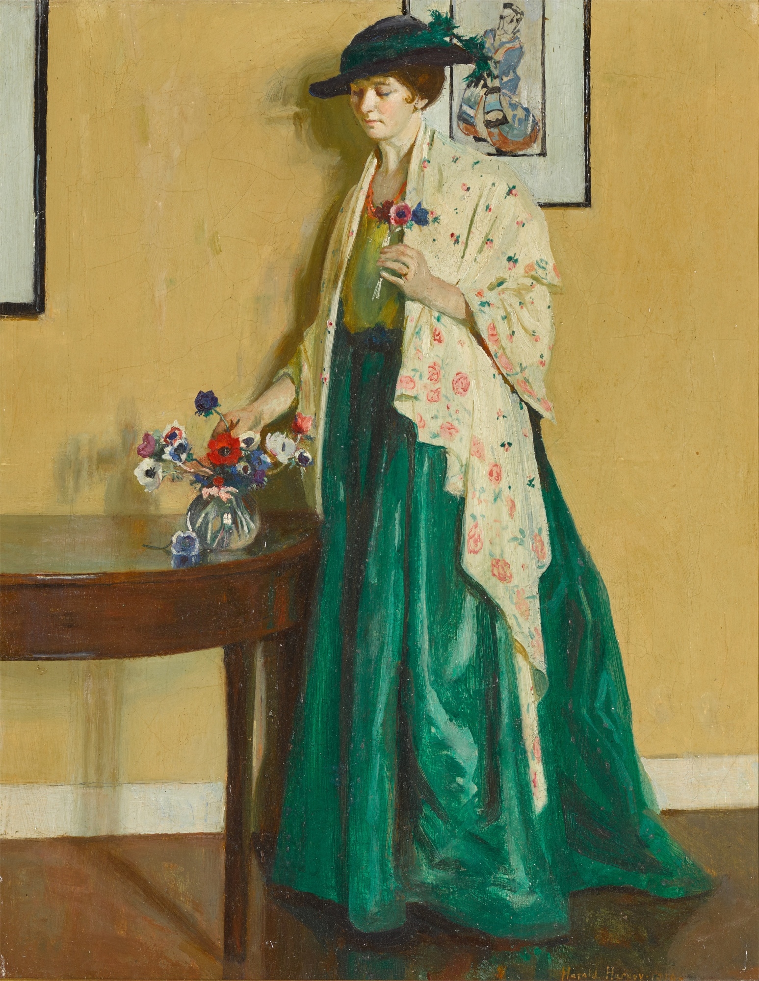 Harold Harvey | Lady in an Interior Arranging Flowers (1916) | MutualArt