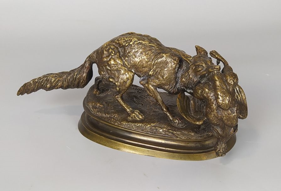 Ferdinand Pautrot | Fox carrying away a rooster with medallic patina ...