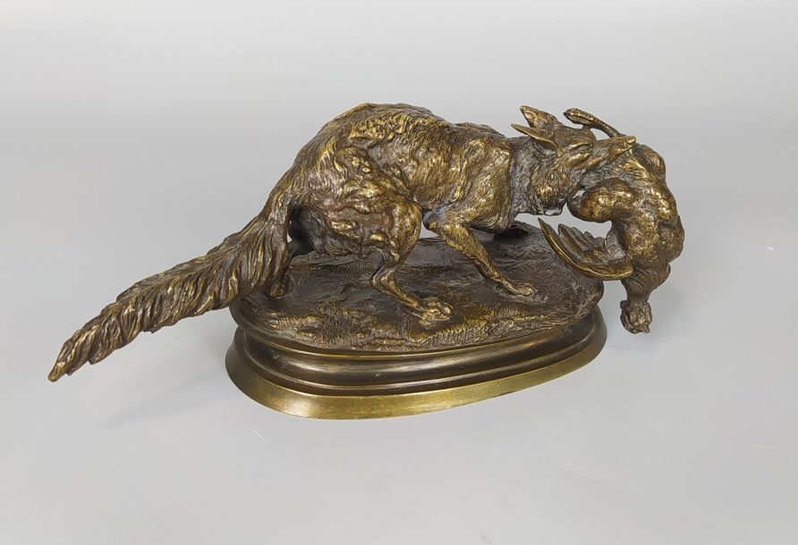 Ferdinand Pautrot | Fox carrying away a rooster with medallic patina ...