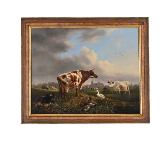 Jan Kobell III | CATTLE AND DUCKS IN A LANDSCAPE WITH CHURCH BEYOND ...
