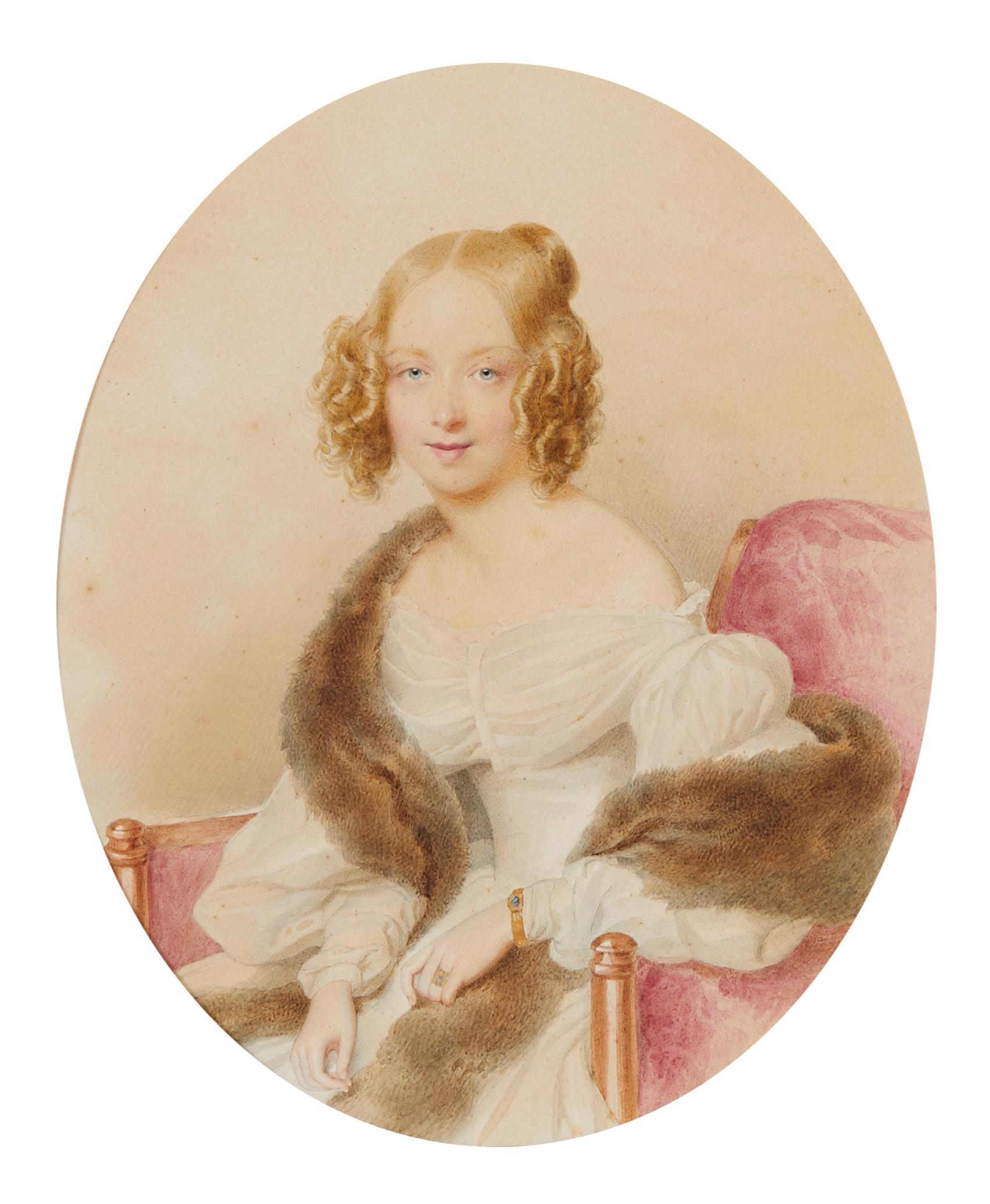 Emanuel Thomas Peter | Bildnis einer jungen Dame in weißem Kleid mit Pelzstola | MutualArt