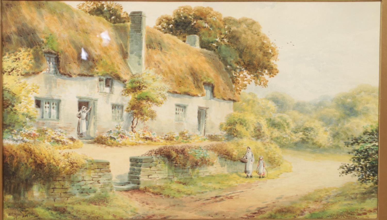 E. Hamilton | landscape scenes with thatched cottages and figures ...