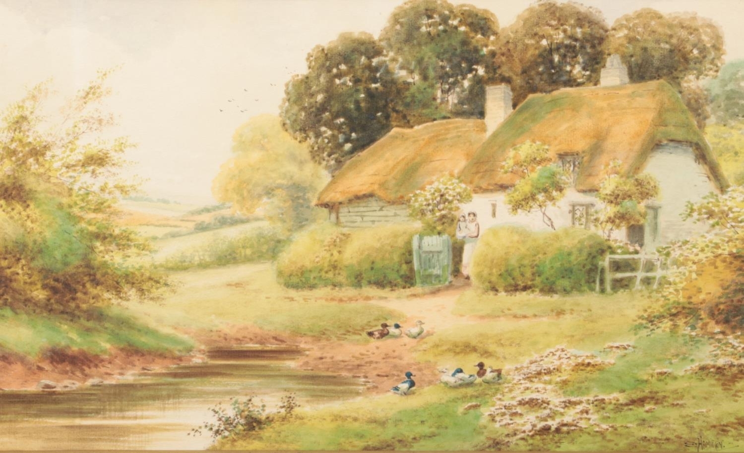 E. Hamilton | landscape scenes with thatched cottages and figures ...