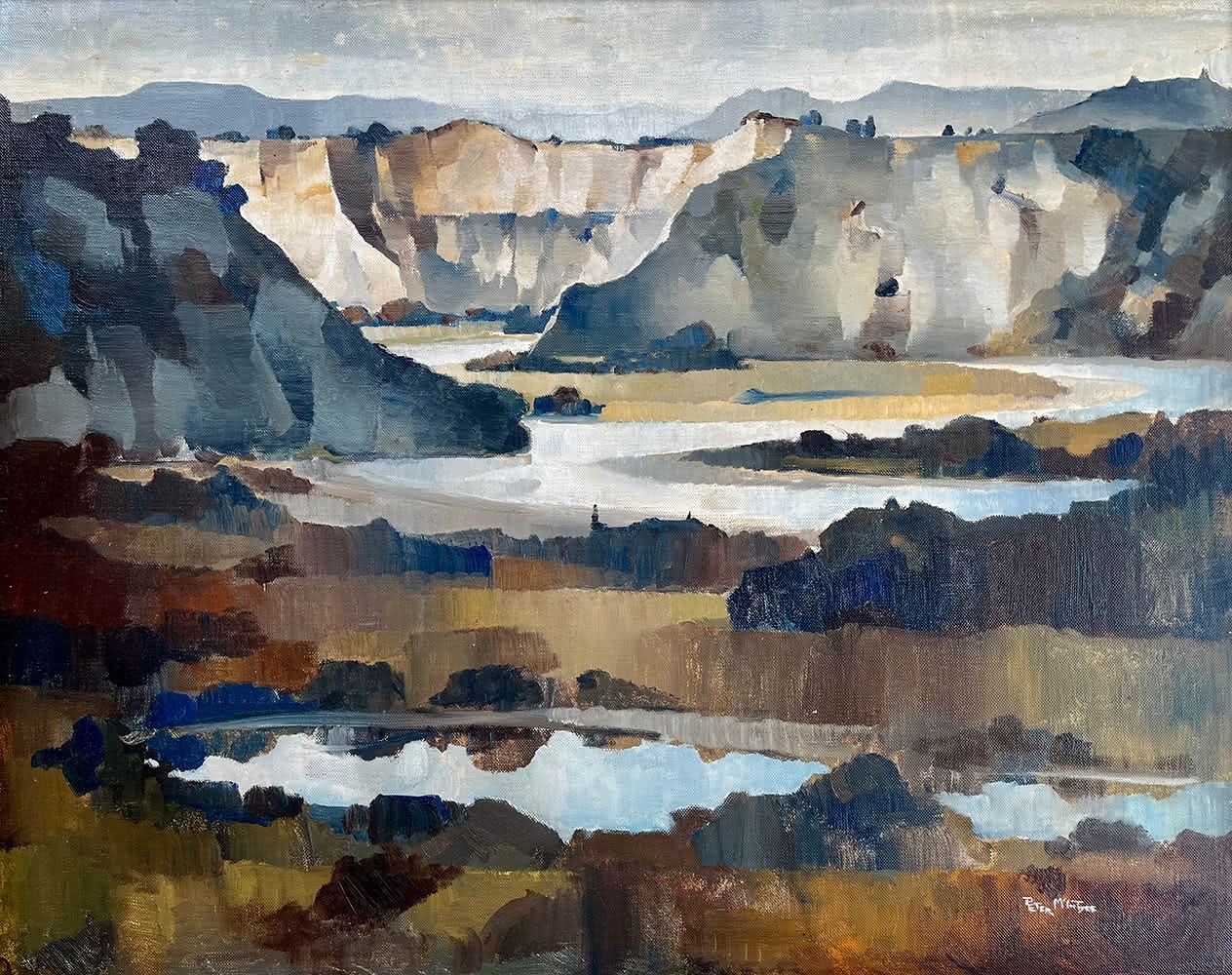 Peter McIntyre | Rangatikei River with Ponds in Foreground | MutualArt