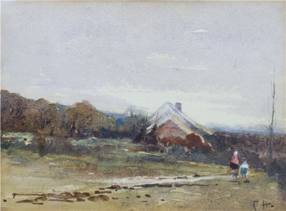 Claude Hayes | A small rural landscape with figures on a path | MutualArt