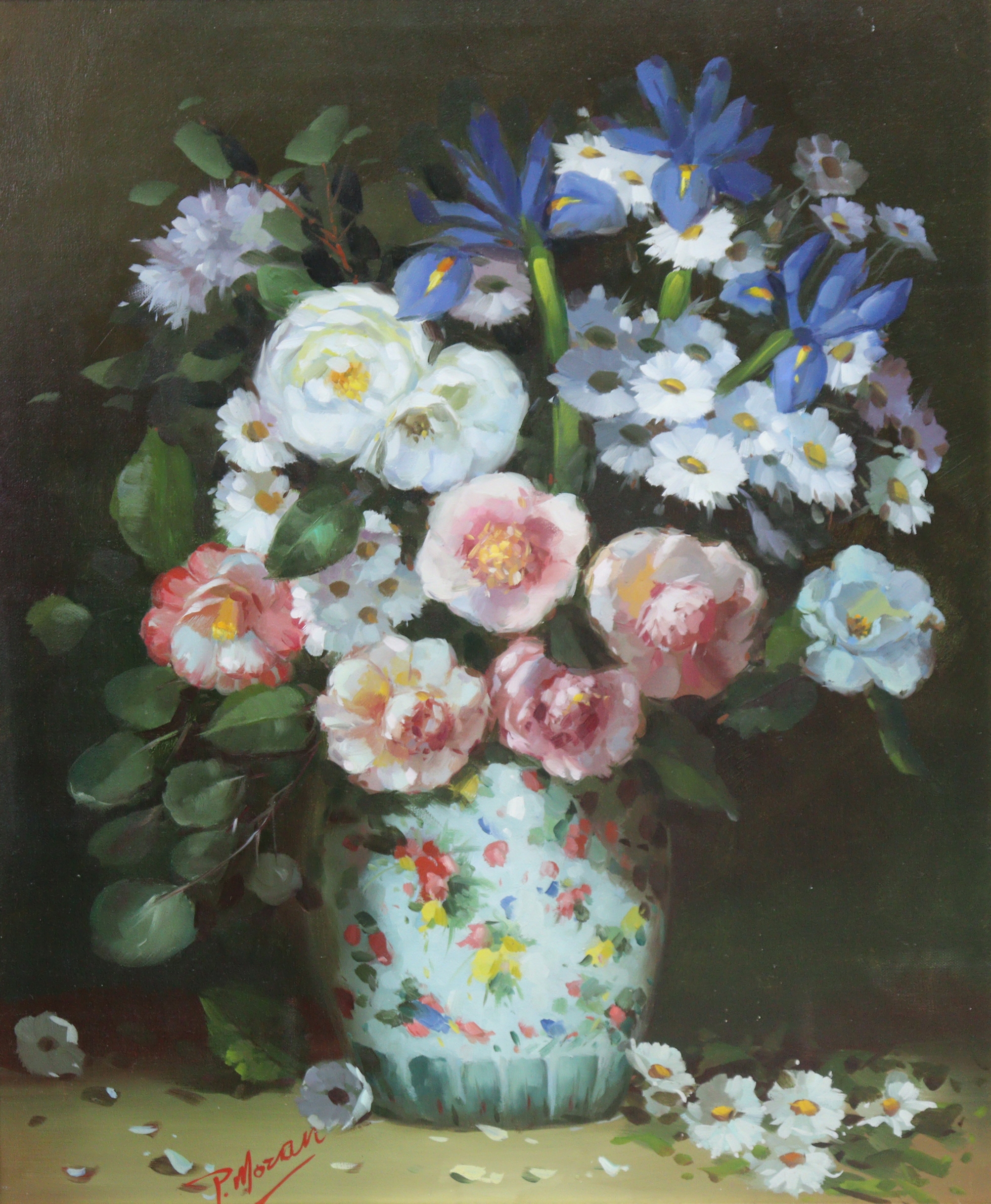 Patricia Moran | Still life of flowers in a famille rose jar | MutualArt