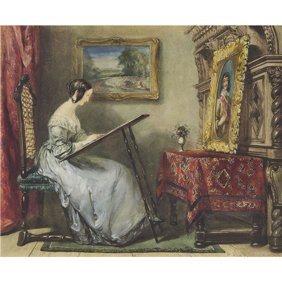 William Henry Hunt | A YOUNG WOMAN COPYING A PAINTING | MutualArt