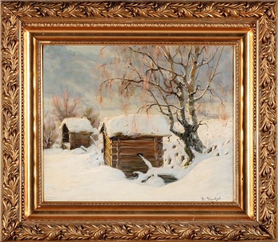 Niels Gustav Wentzel | Hus og stabbur i vinterlandskap | MutualArt