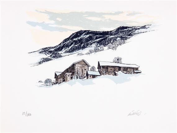 Kjell Aukrust | Vinterlandskap med gårdsbruk | MutualArt