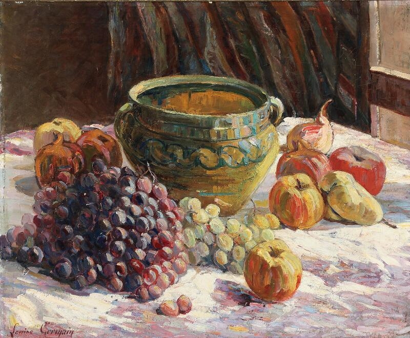 Louise Germain | Still life with grapes, pears apples and a yellow ...