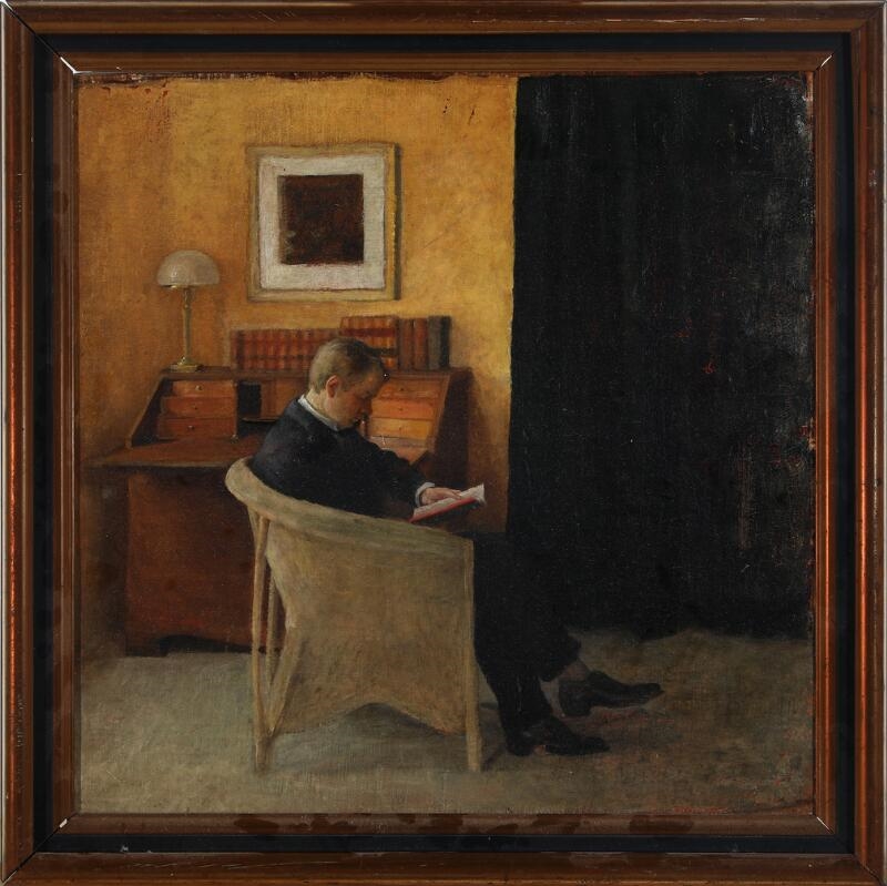 Peter Ilsted | An interior with a reading man, presumeably the artist's ...