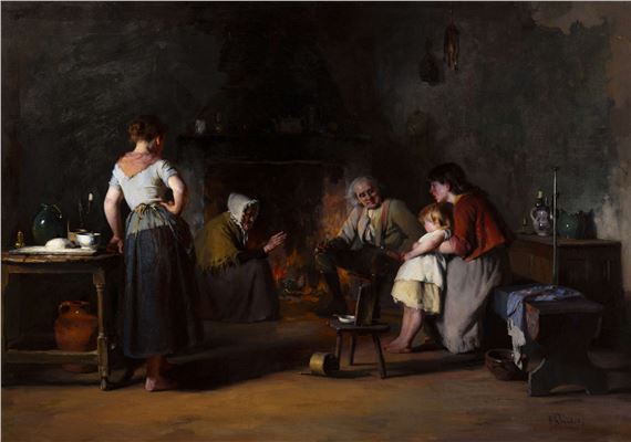 Howard Helmick | Cottage Interior with a Family Gathered Around a ...