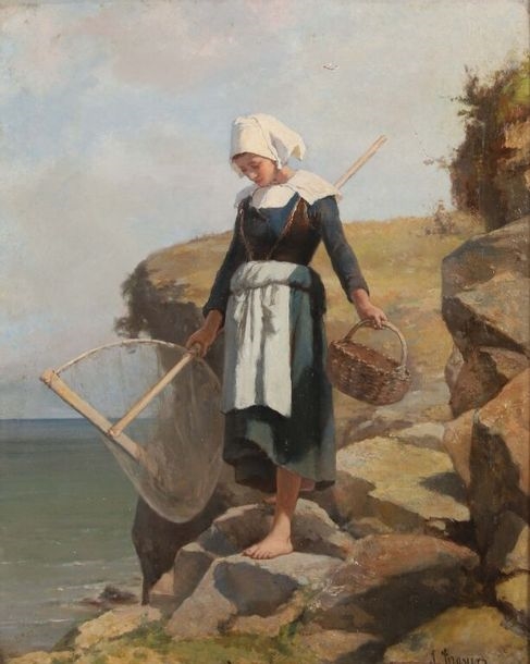 Jules Trayer | Jeune bretonne pêchant à la crevette | MutualArt