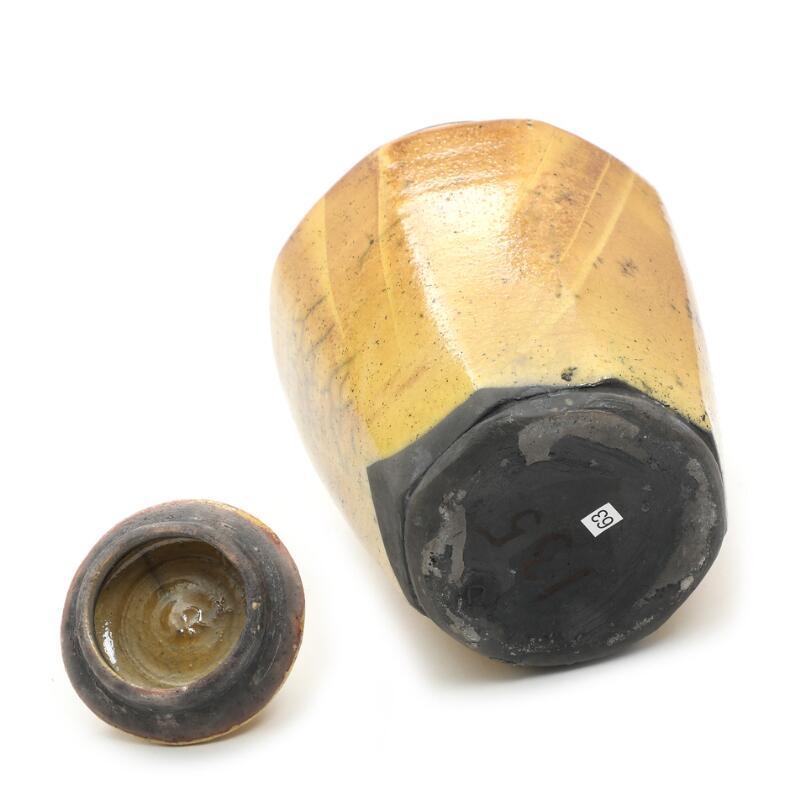 Inger Rokkjaer | An angular raku-fired ceramic lid jar, decorated with ...