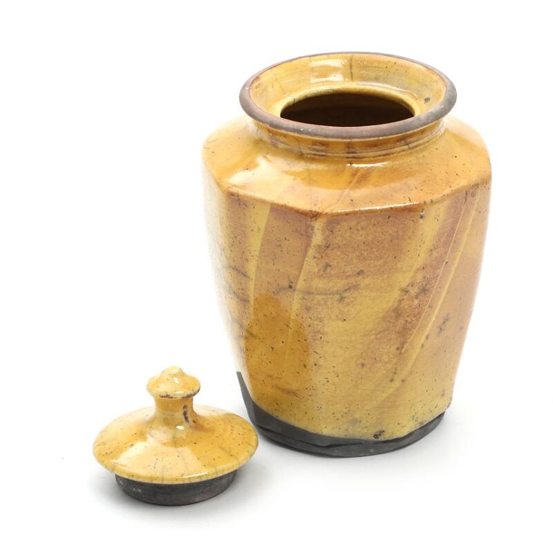 Inger Rokkjaer | An angular raku-fired ceramic lid jar, decorated with ...