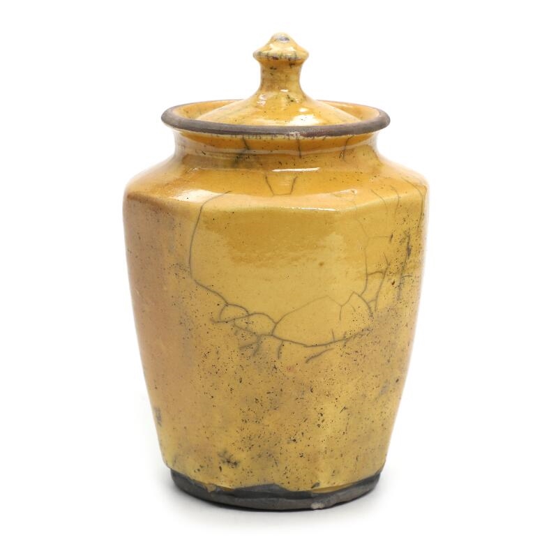 Inger Rokkjaer | An angular raku-fired ceramic lid jar, decorated with ...