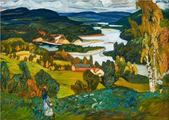 Helmer Osslund | Vy över Indalsälven med mor och barn i förgrunden ...