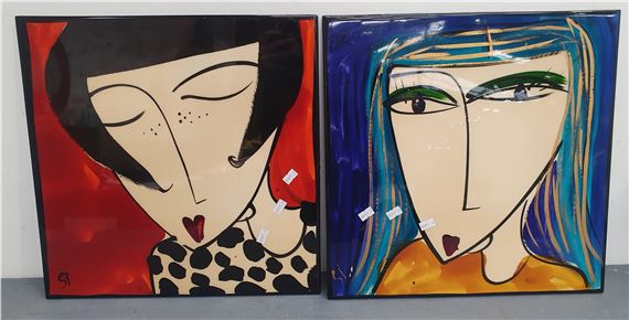 Sharon Peterkin | TWO HANDPAINTED HANGING TILES | MutualArt