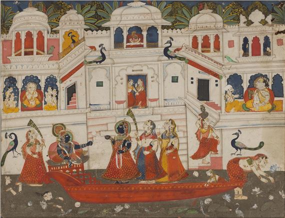 Bundi School, 19th Century | KRISHNA BOATING WITH HIS FEMALE ENTOURAGE ...