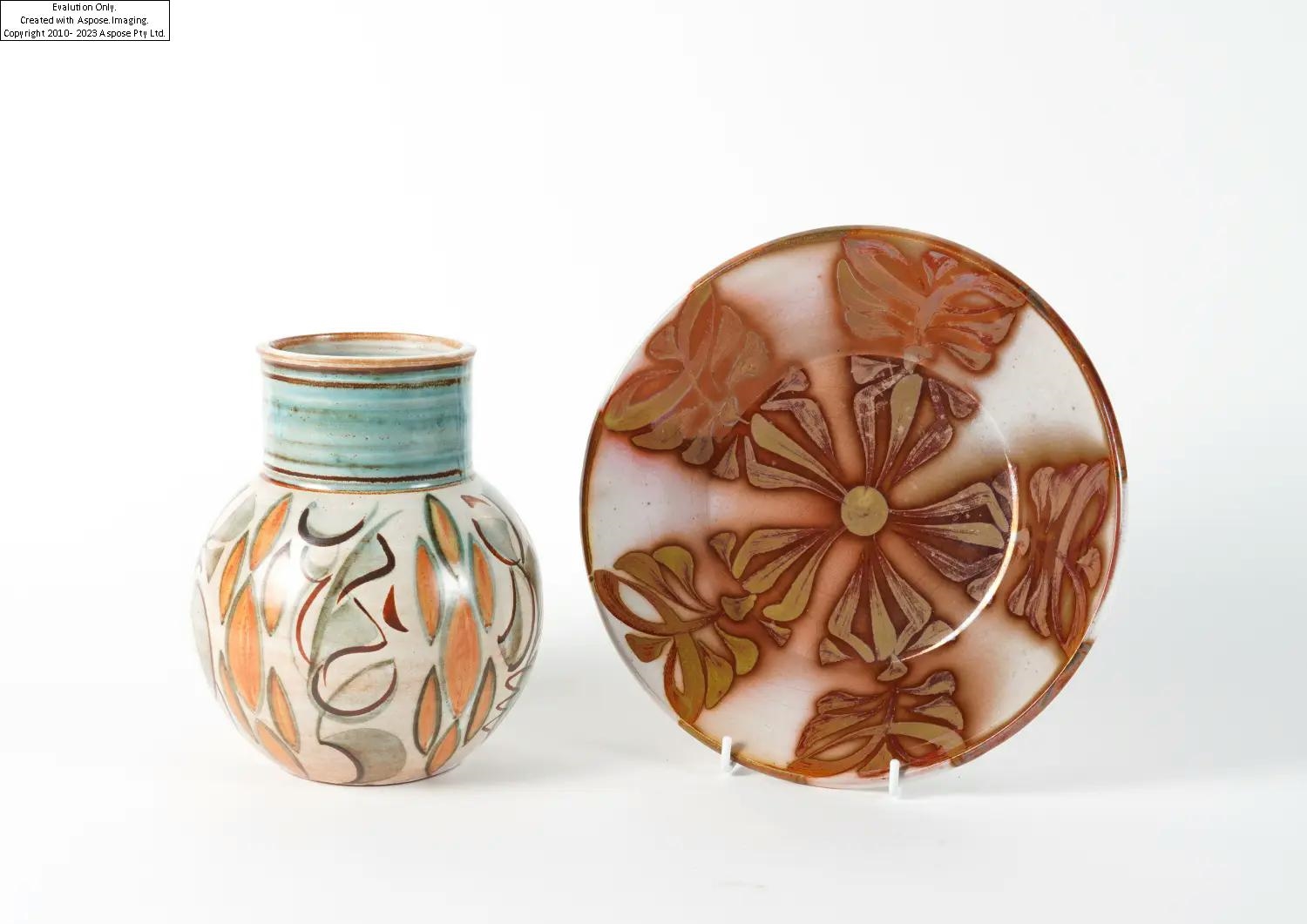 Alan Caiger-Smith | Tin glazed dish with red and gold lustre design | MutualArt