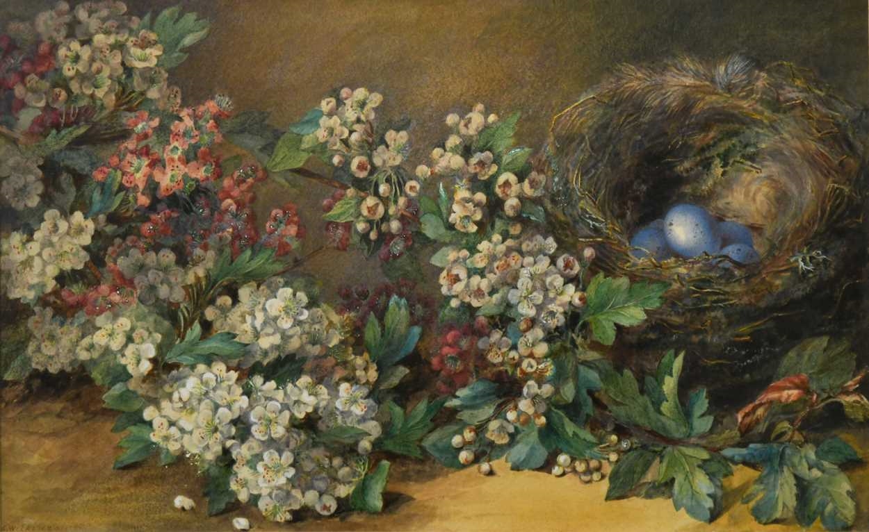 English School, 19th Century | Still life of blossom and a bird's nest on a bank | MutualArt