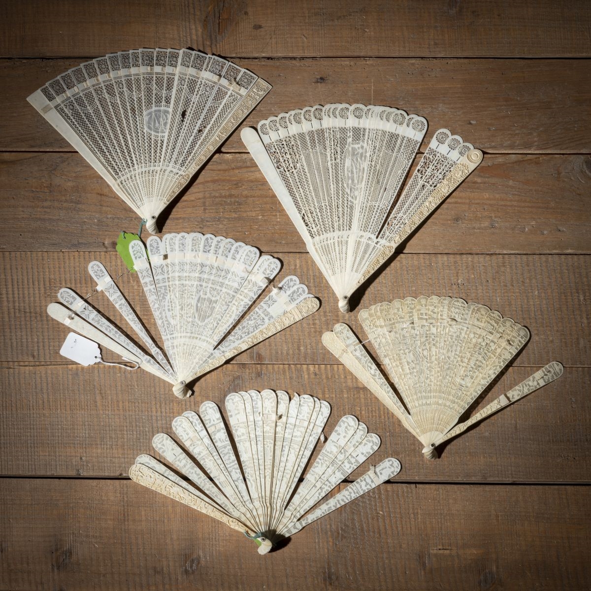 Chinese School, 19th Century | FIVE CARVED AND OPENWORKED IVORY FANS ...