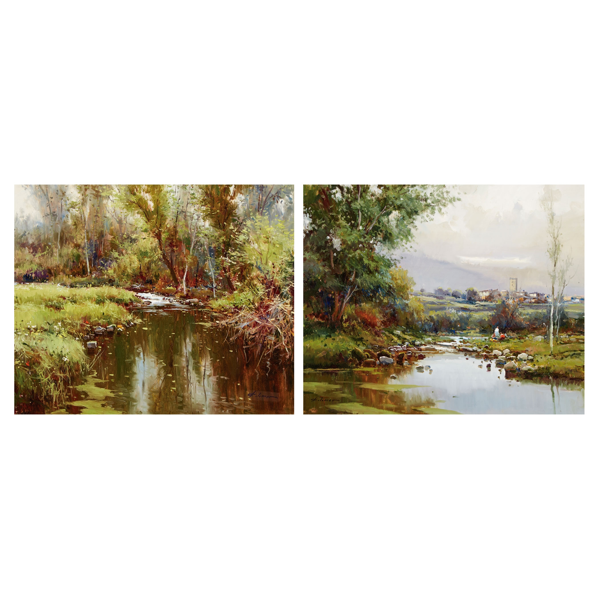 Josep Colomer Comas | Paisaje fluvial y Pueblo a orillas del río ...