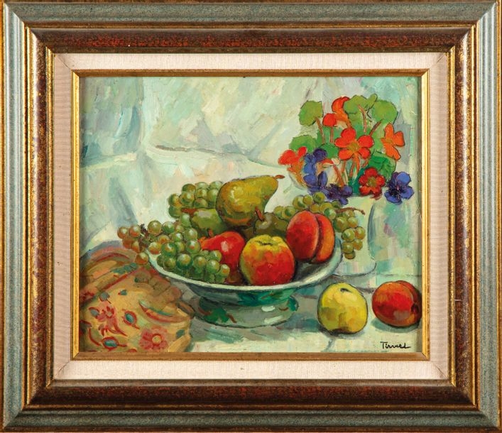 Eugène Tirvert | Nature morte au bouquet de fleurs et à la coupe de ...