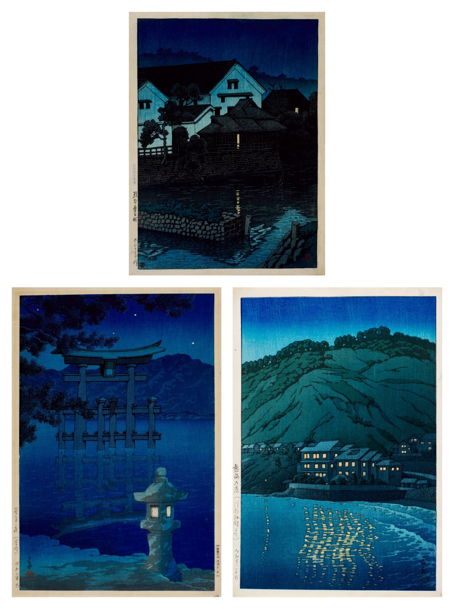 Hasui Kawase | Three woodblock prints depicting night scenes (1947 ...
