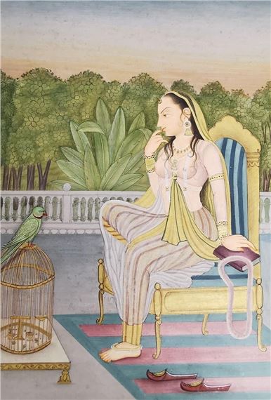 Mughal School | female in traditional Indian staring at a green parrot ...