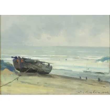 Johannes Cornelis Roelandse | Een bomschuit op het strand van Katwijk | MutualArt