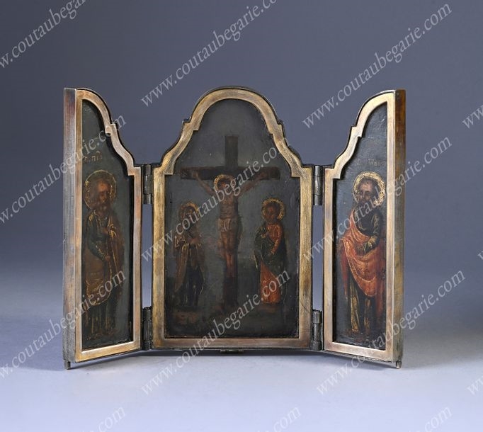 Russian School, 18th Century | TRIPTYCH ICON OPENING WITH CHRIST ON THE CROSS SURROUNDED BY ...
