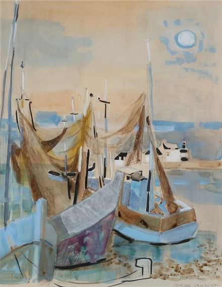 Georges Lambert | Georges Lambert Watercolor Boats at Dock | MutualArt