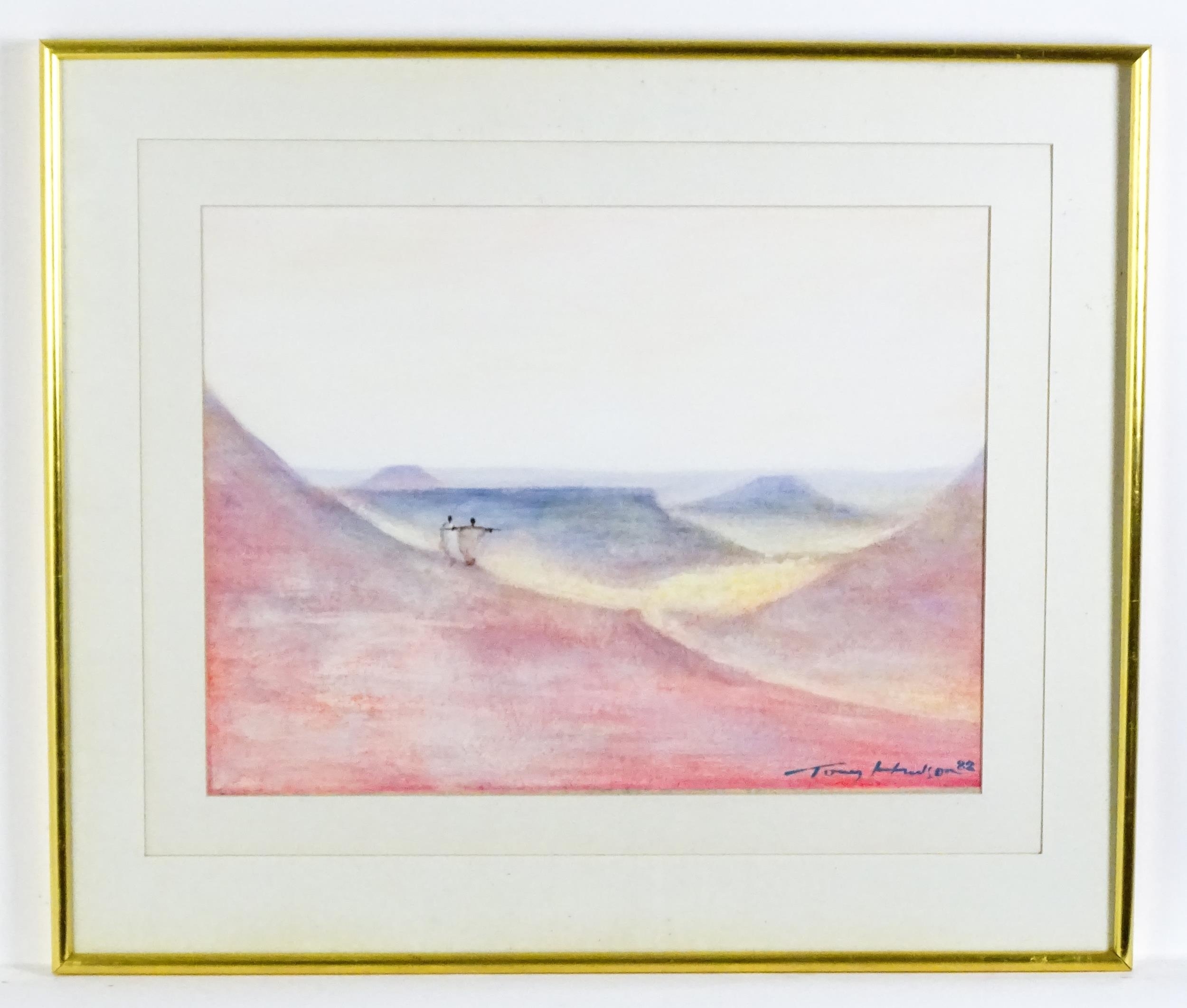 Tony Hudson | Acrylic, A desert landscape with figures on the sand ...