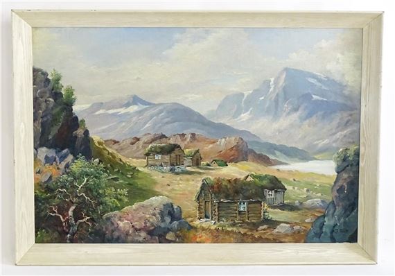Jens Tvedt | A mountain landscape with Nordic huts. Signed lower right ...