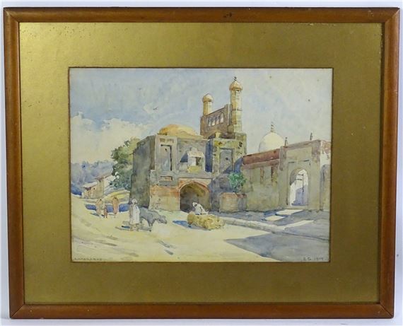 Ernest George | A rural scene in India with a temple and figures by the ...