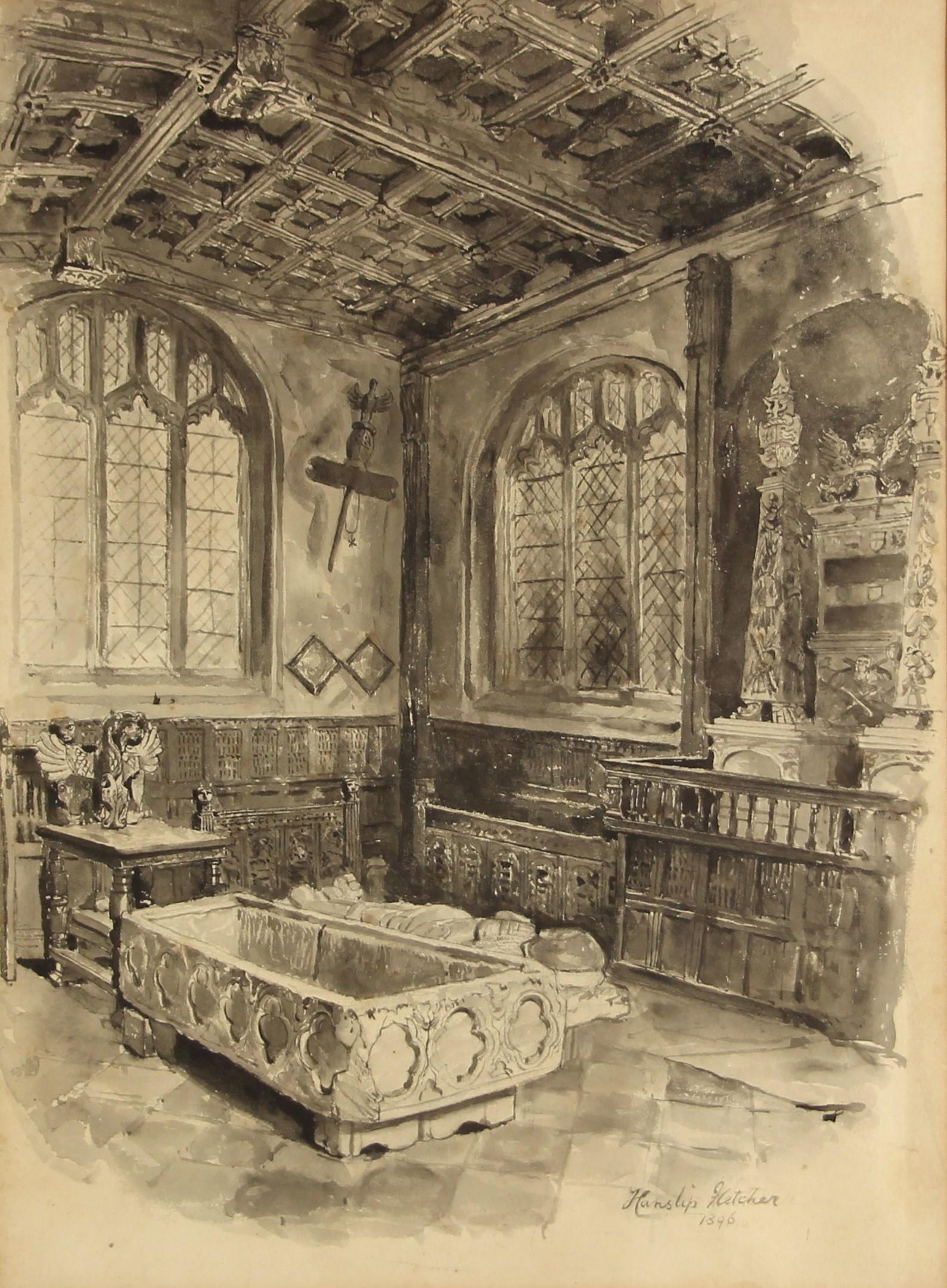Hanslip Fletcher | Crypt interior with open sarcophagus (1896) | MutualArt