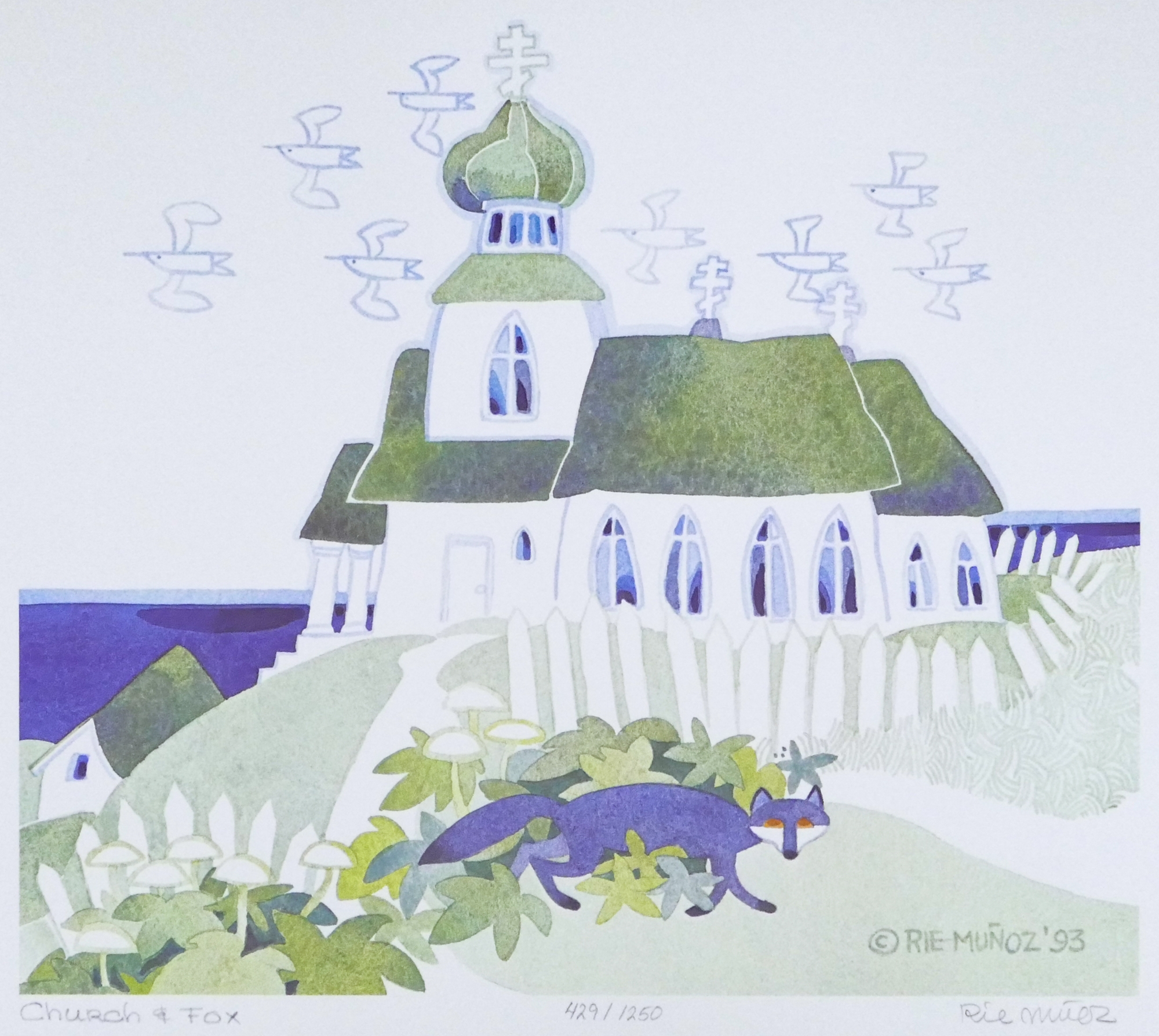 Rie Muñoz | Rie Munoz ''Church & Fox'' 1993 Signed Print (1993) | MutualArt