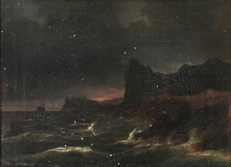 Vilhelm Melbye | Sailing ship by a rocky coast at night time (1870 ...
