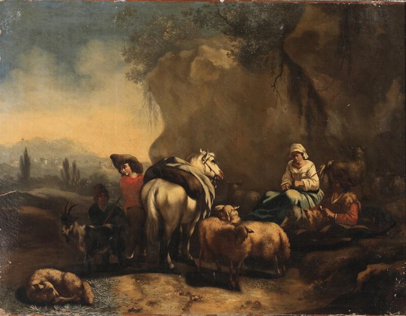 Dutch School, 18th Century | Resting shepherds by the foot of a cliff ...
