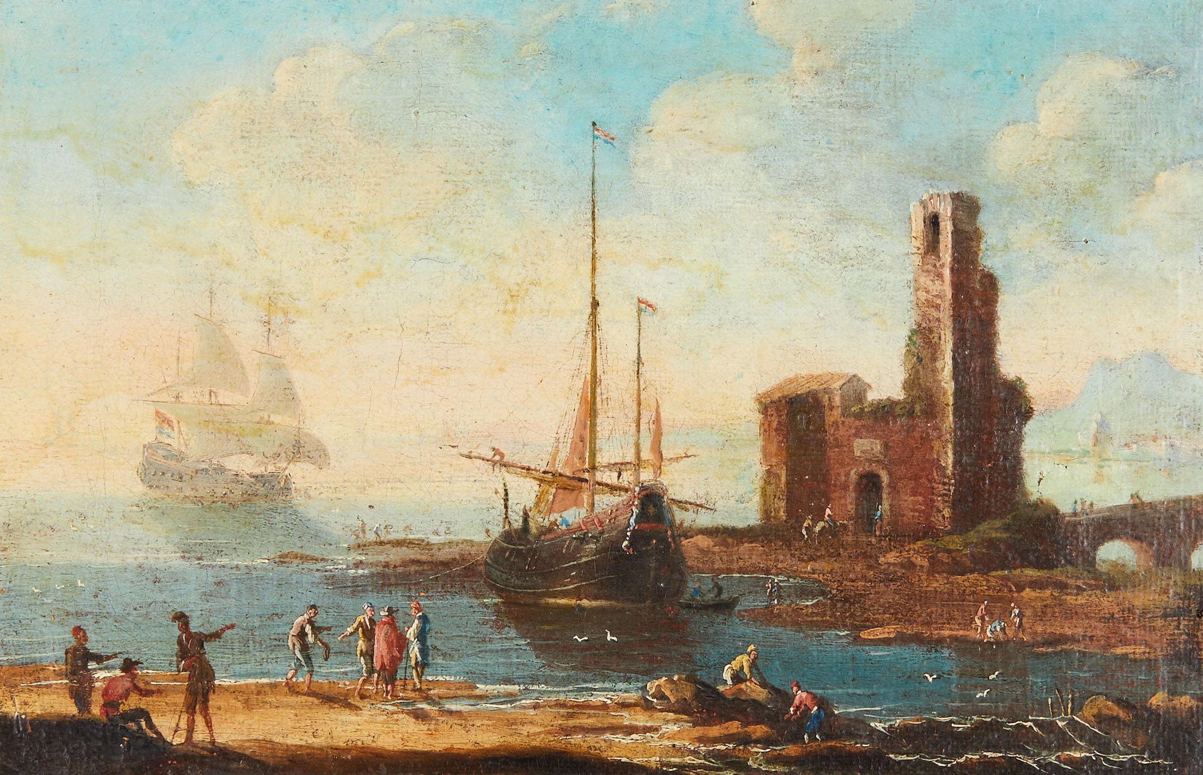 Johann Anton Eismann | Ein Mittelmeerhafen mit Schiffen und Fischern an ...