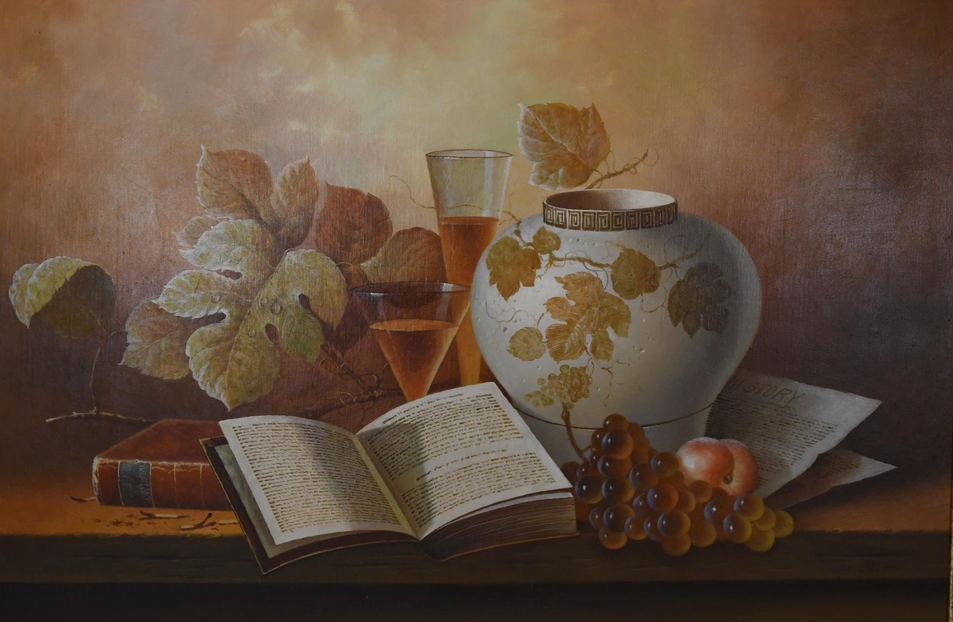 William Steiner | still life depicting an open book, a vase and fruit ...