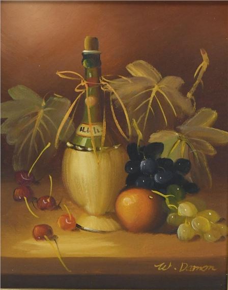 W. Damon | still life depicting a bottle of wine and fruit | MutualArt