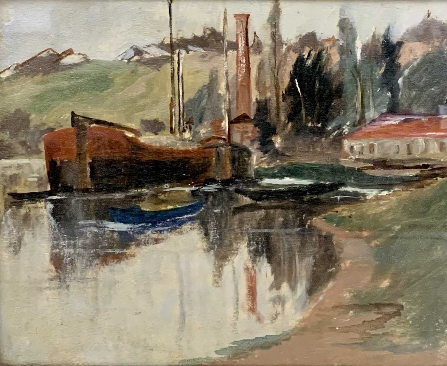 British School, 20th Century | Thames type barges on a river near a ...